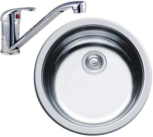 Round Kitchen Sink, Waste & Tap. 450mm Diameter. Pyramis PY-SINK-12TAP